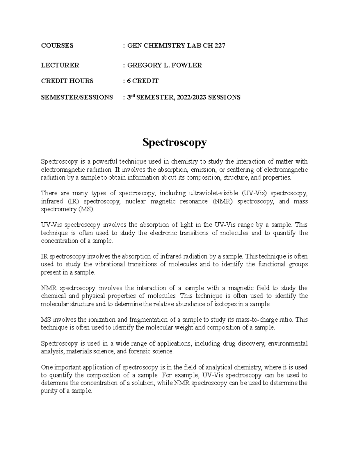 Spectroscopy gen Chemistry - COURSES : GEN CHEMISTRY LAB CH 227 ...