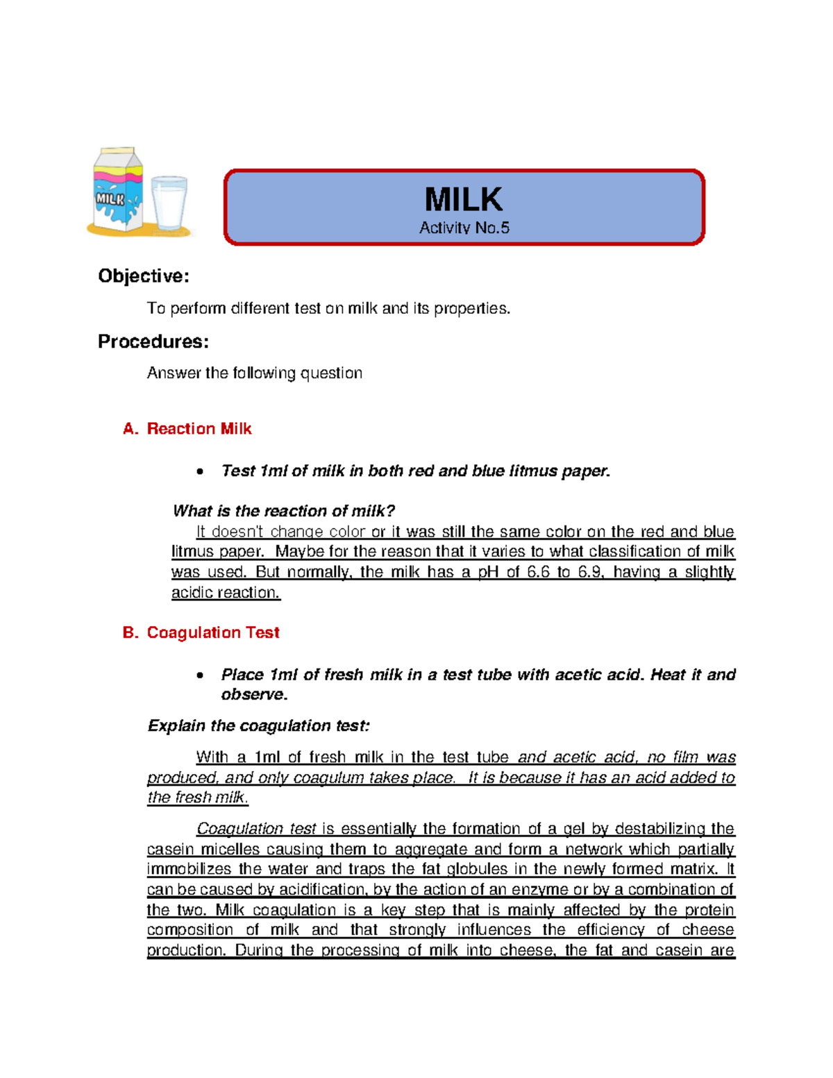 MILK- laboratory LAB - BIOCHEMISTRY LAB - Objective: To perform ...