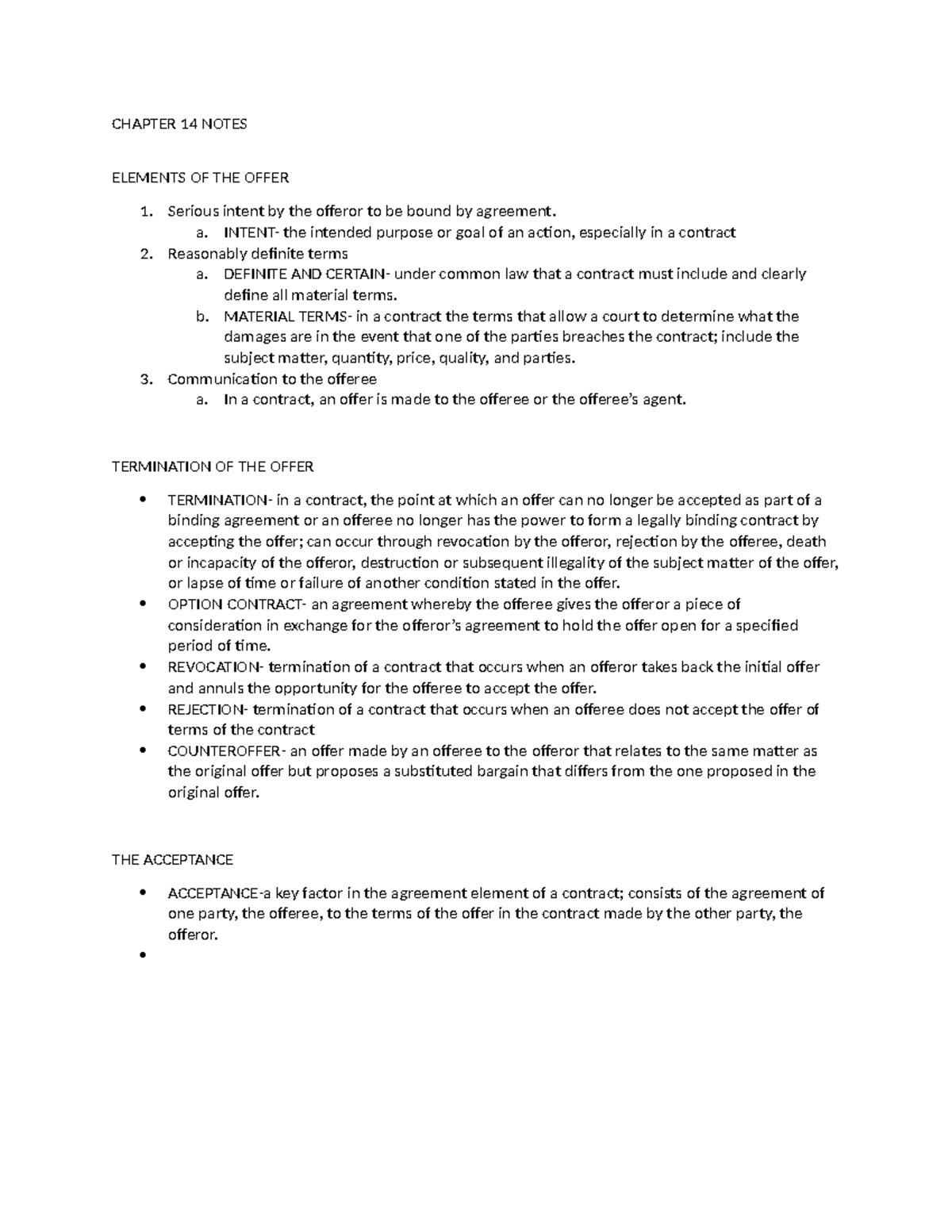 Chapter 14 Notes - CHAPTER 14 NOTES ELEMENTS OF THE OFFER Serious ...