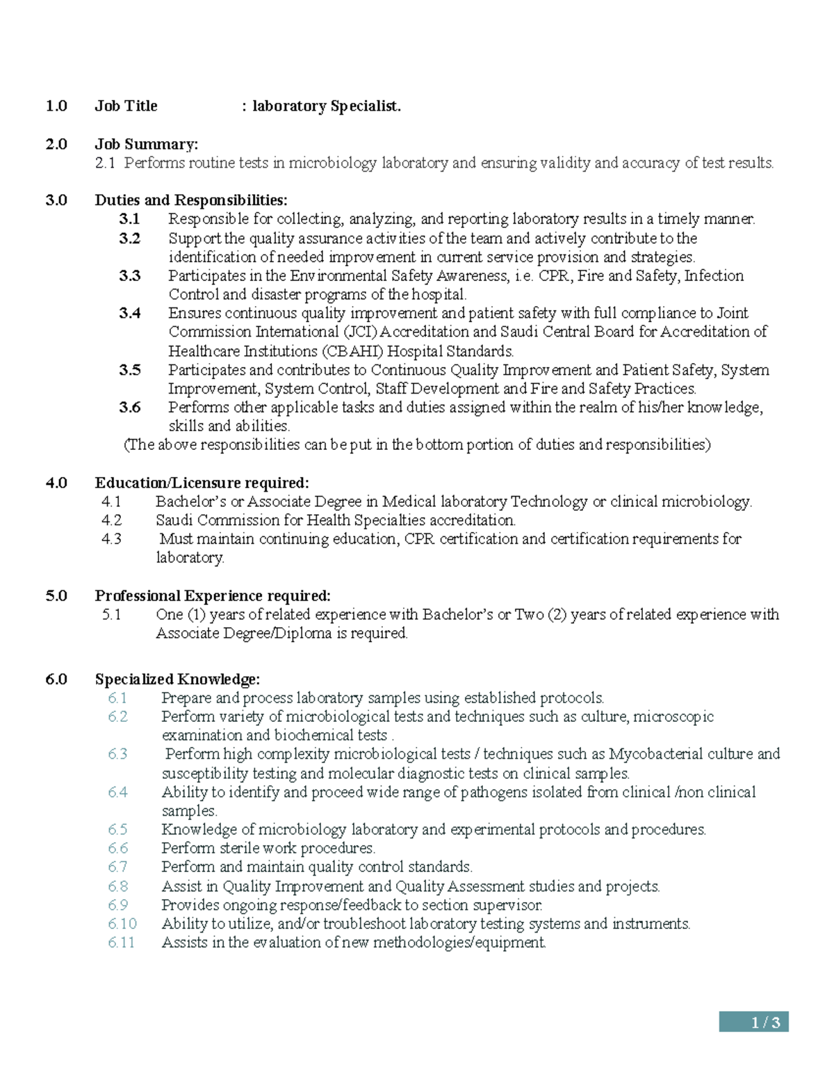 LEAP Personnel Job Description of laboratory Specialist TB - 1 Job ...