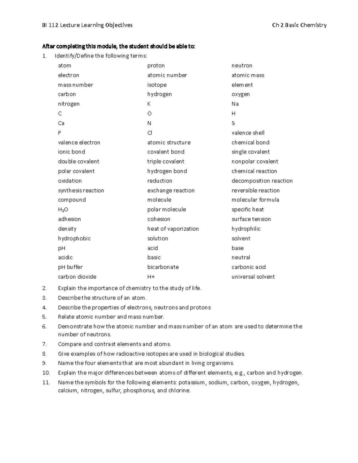 02 -Basic Chemistry Objectives - BI 112 Lecture Learning Objectives Ch ...