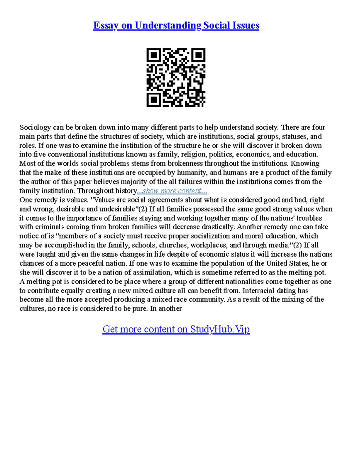 Social Issues Essay - Essay on Understanding Social Issues Sociology can be broken down into ...