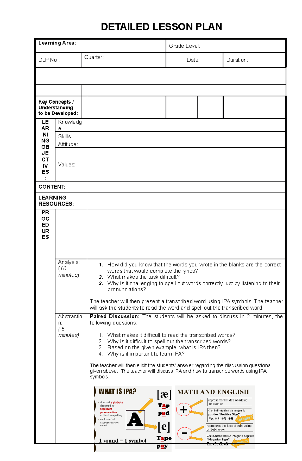 DLP IPA transcriptions - DETAILED LESSON PLAN Learning Area: Grade ...