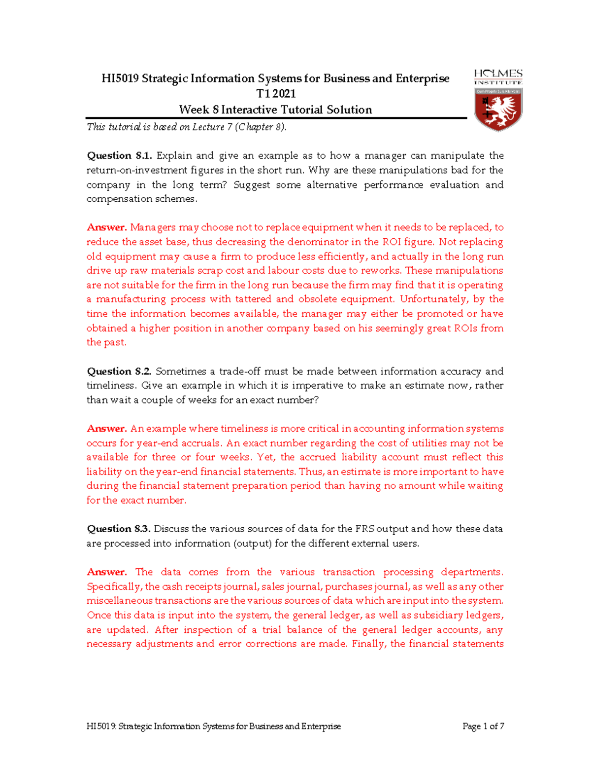 HI5019 T121 Week 08 Tutorial Solution - HI5019 Strategic Information ...