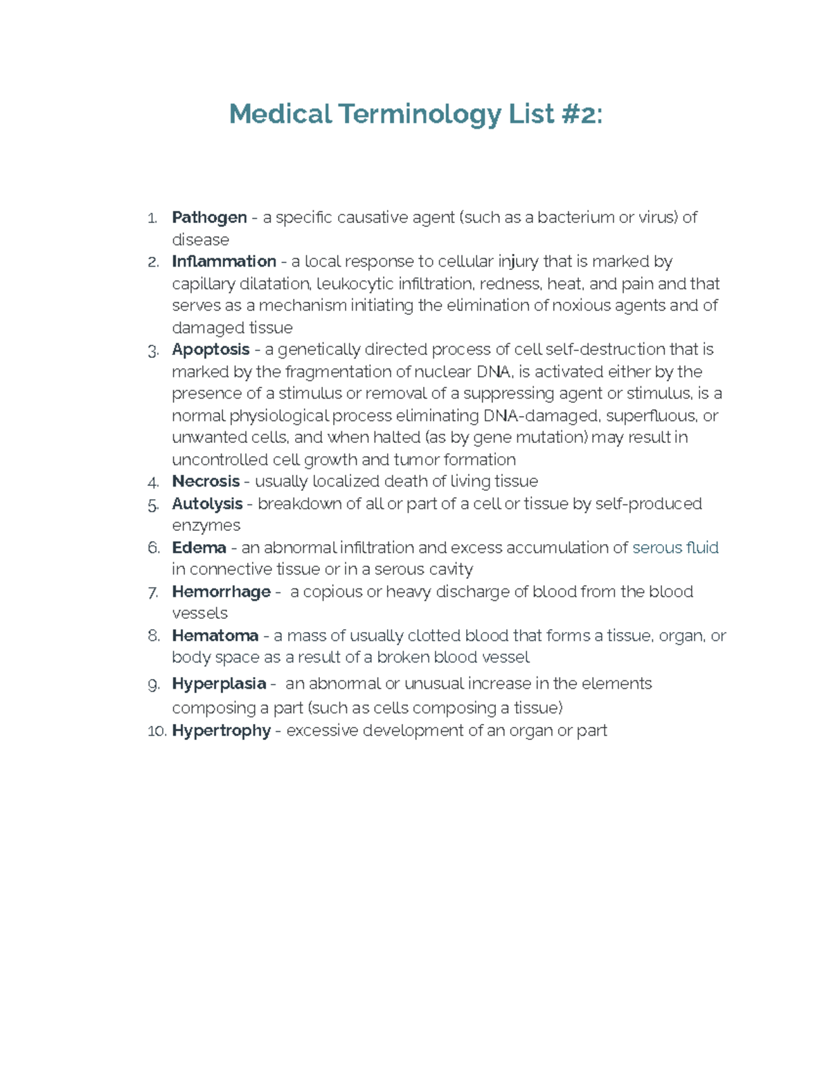 Medical Terminology List #2 -2 - Medical Terminology List #2: Pathogen ...