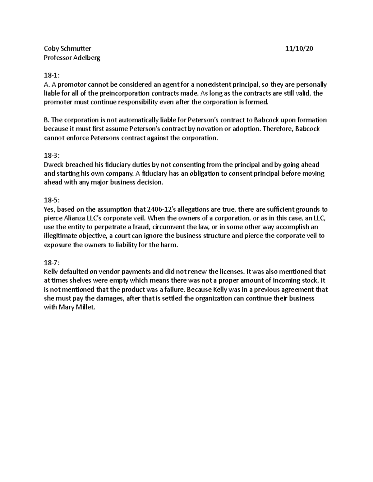 Chapter 18 Response - Homework Assignment from textbook - Coby ...