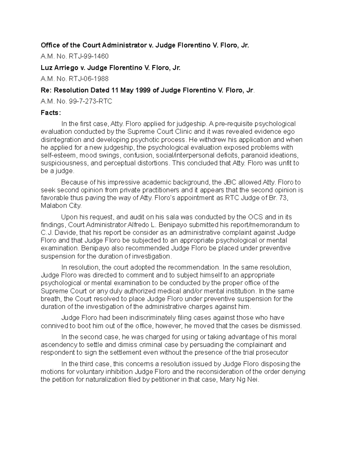 OCA v. Floro - Case Digest. Lawyer's Oath. Canons of Professional Ethics - Office of the Court ...