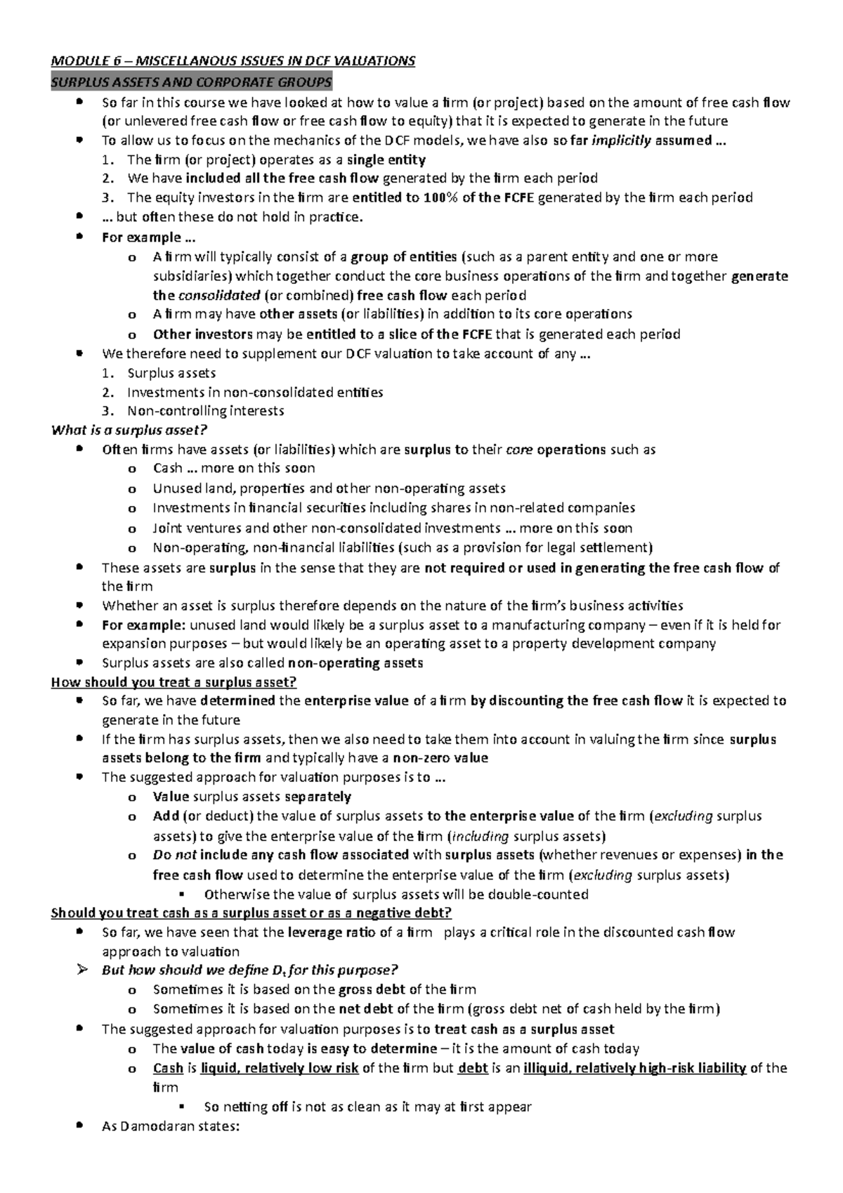 Module 6 - Miscellaneous Issues in DCF Valuations - MODULE 6 ...