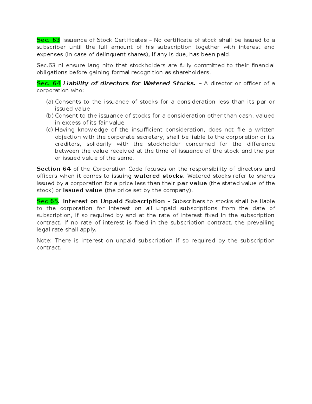 Article 64-65 - Sec. 63 Issuance of Stock Certificates – No certificate ...