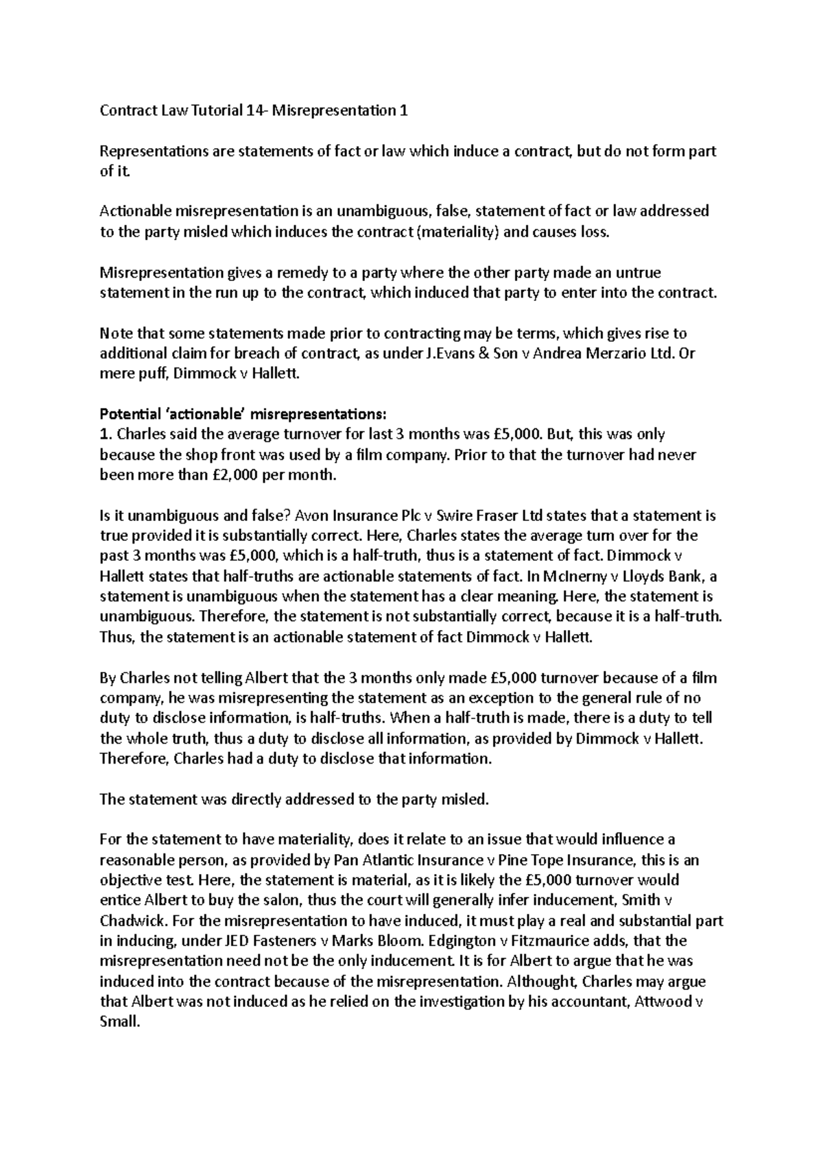 Contract Law Tutorial 14- misrepresentation - Actionable misrepresentation is an unambiguous ...