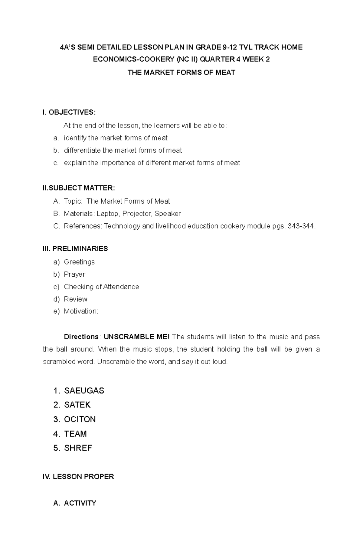 DEMO Lesson PLAN - 4A’S SEMI DETAILED LESSON PLAN IN GRADE 9-12 TVL ...