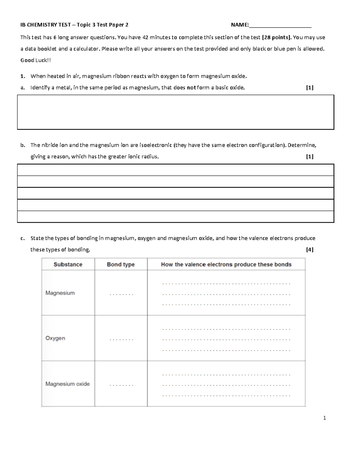 Topic 3 Paper 2 Take Home Assignment (Part 1) - 2022 - 1 IB CHEMISTRY ...