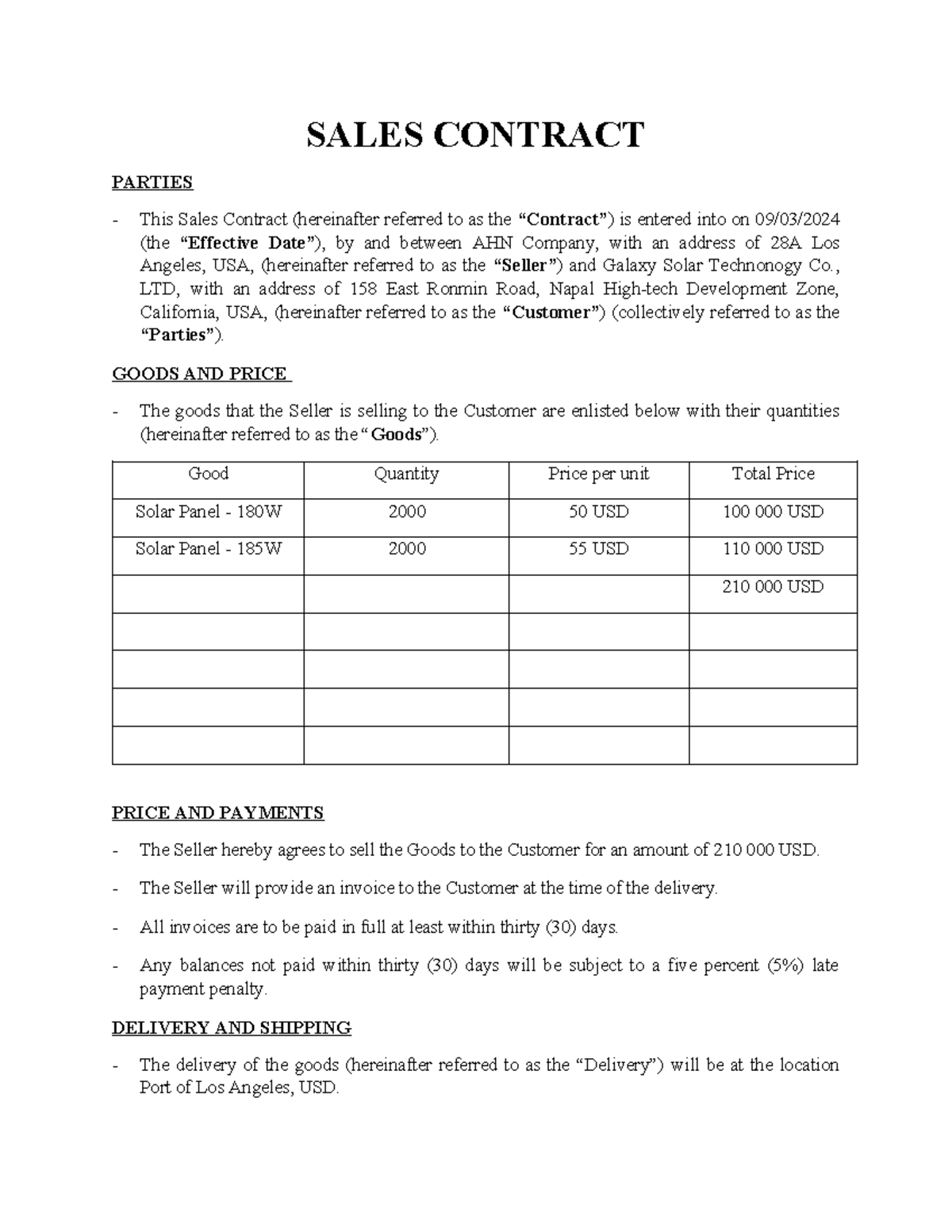 Sales Contract Template Signaturely - SALES CONTRACT PARTIES This Sales ...