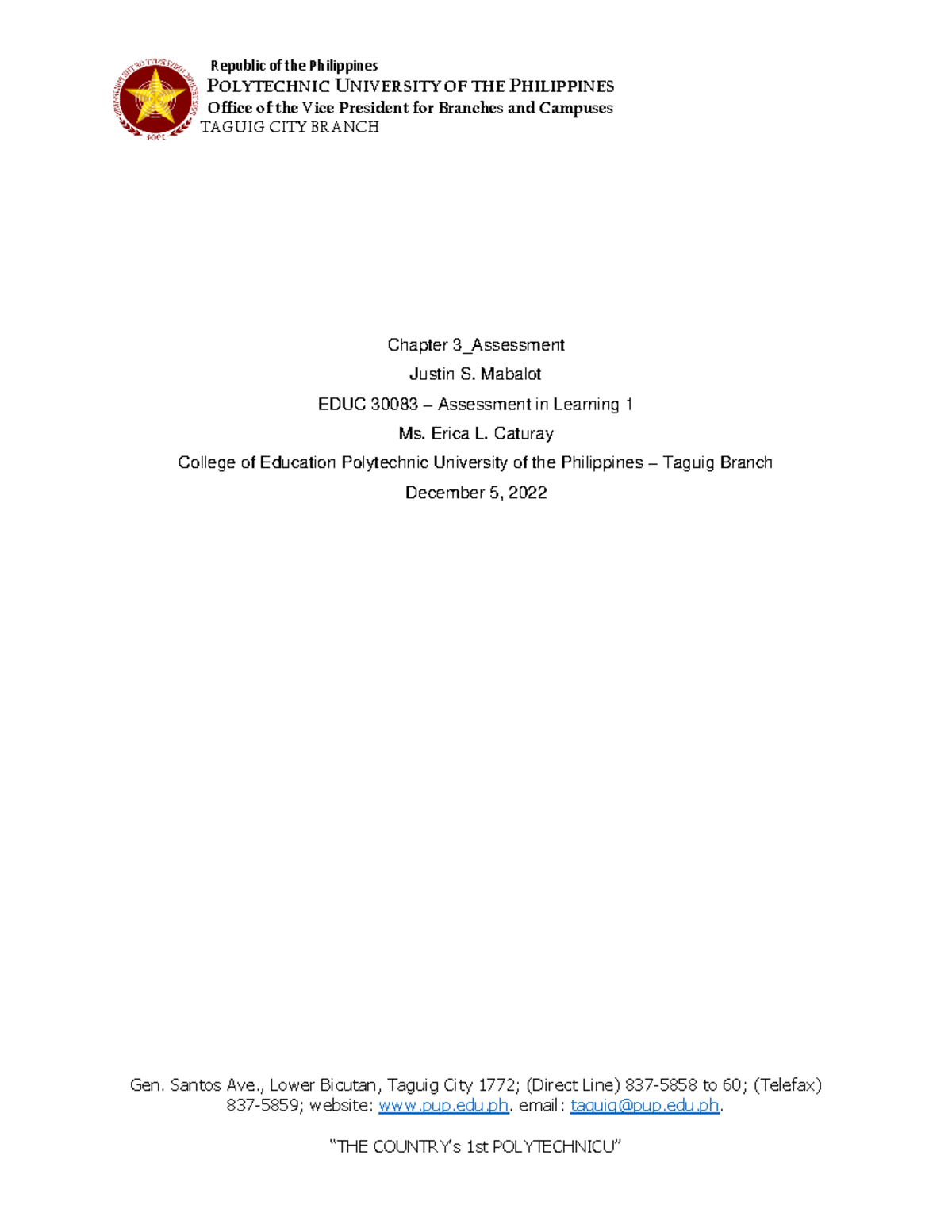 Mabalot, Justin, S. Bseden 3-1 AIL1 Chapter 3 Assessment - Republic of ...