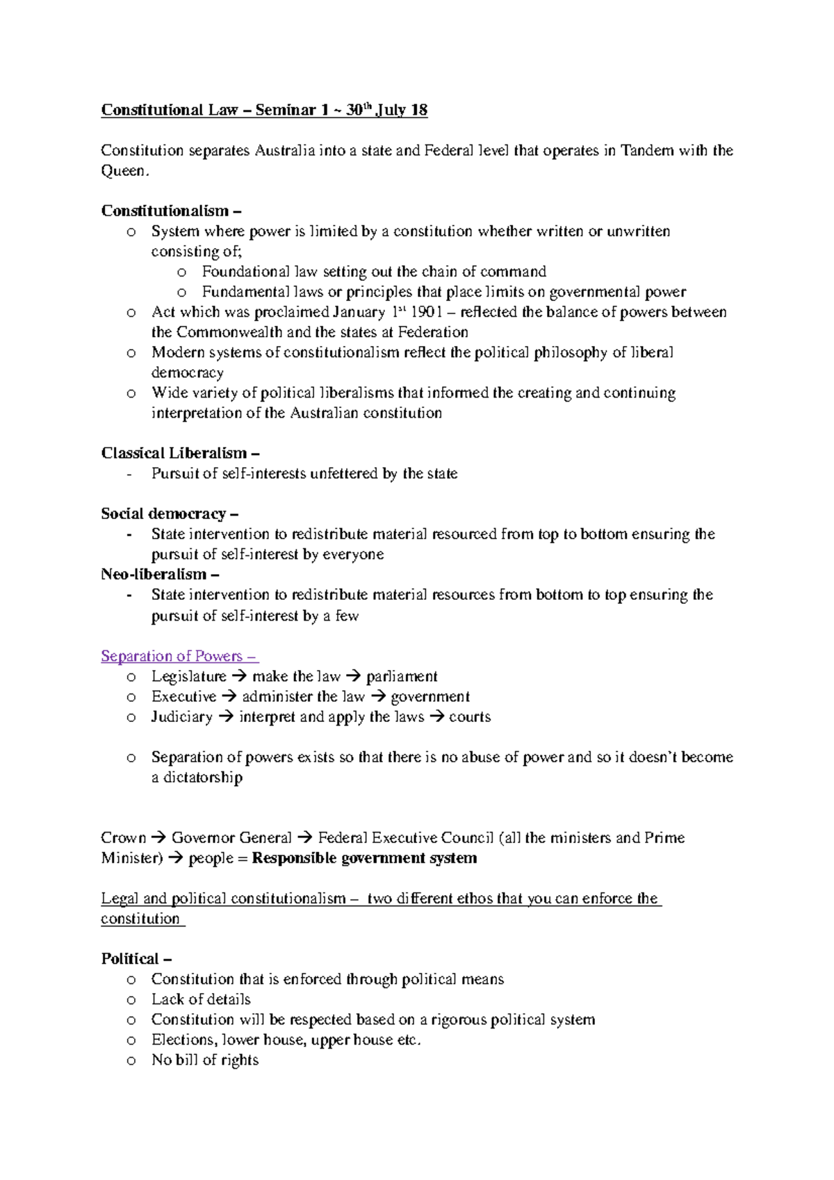 Constitutional Law Tutorial Notes - Constitutional Law Seminar 1 30th ...