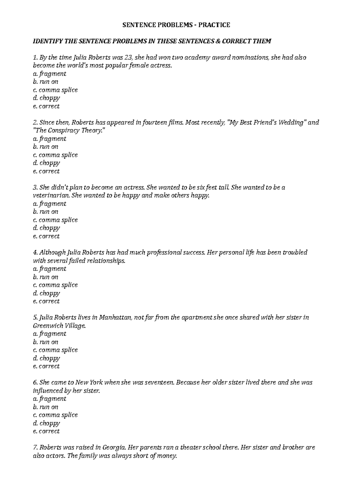 Identify THE Sentence Problems IN These Sentences & Correct THEM ...
