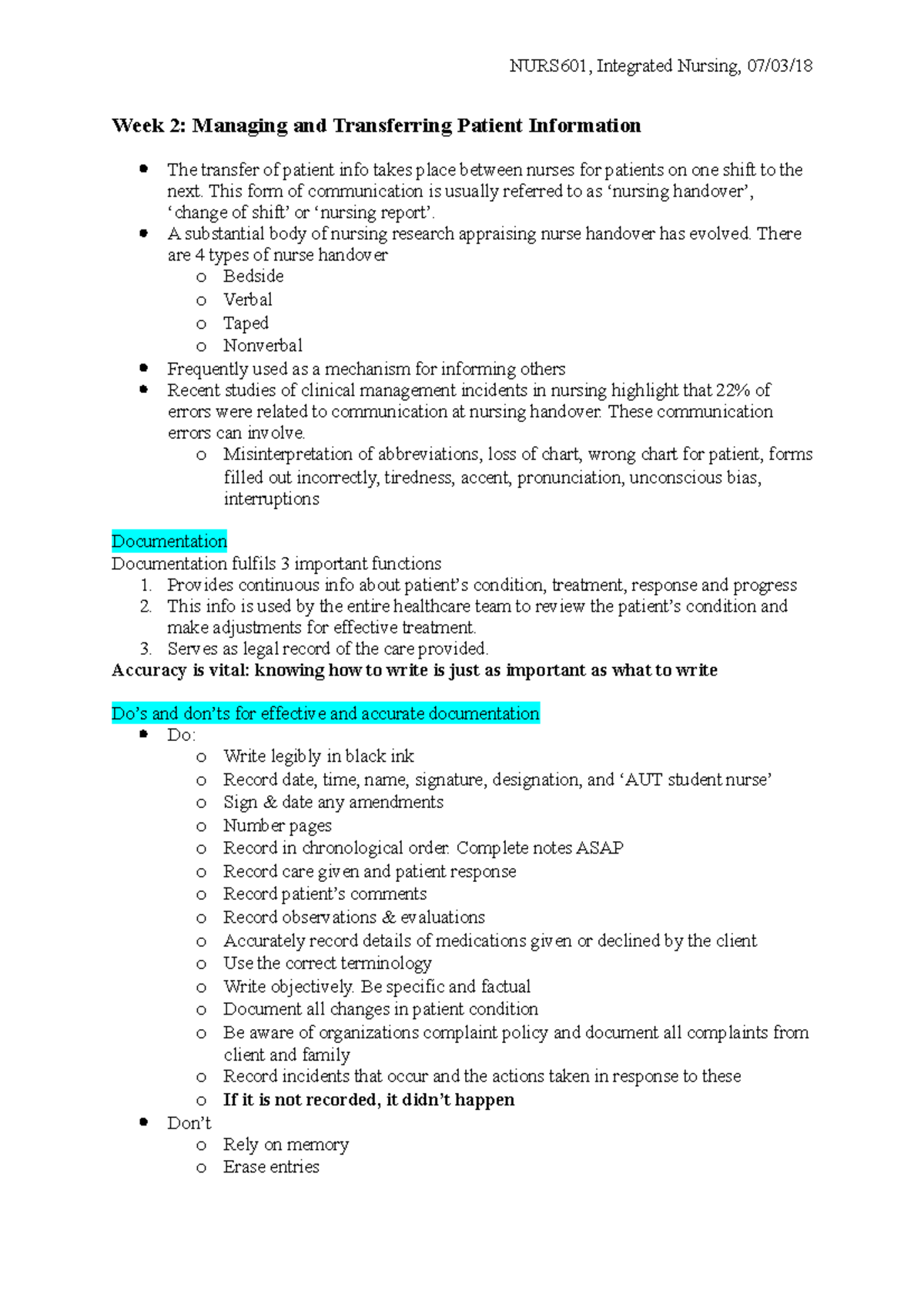 NURS601 07:03:18 - Notes about patient transfers - NURS601, Integrated ...