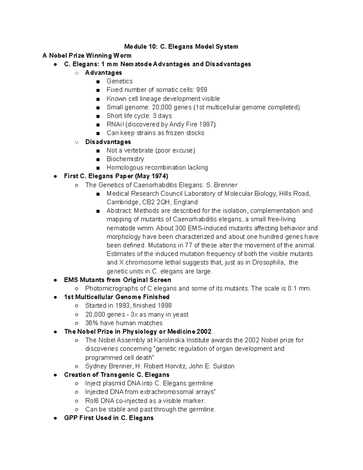 Module 10 C. Elegans Model System - Module 10: C. Elegans Model System ...