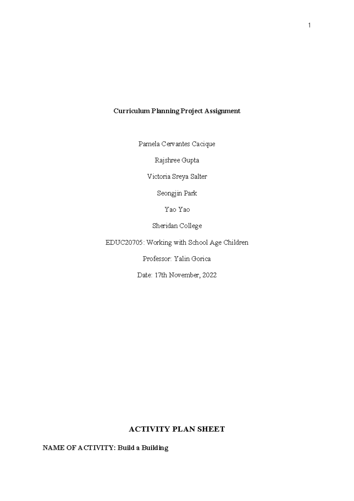 Activity plan-group 5 - dsaf - Curriculum Planning Project Assignment ...