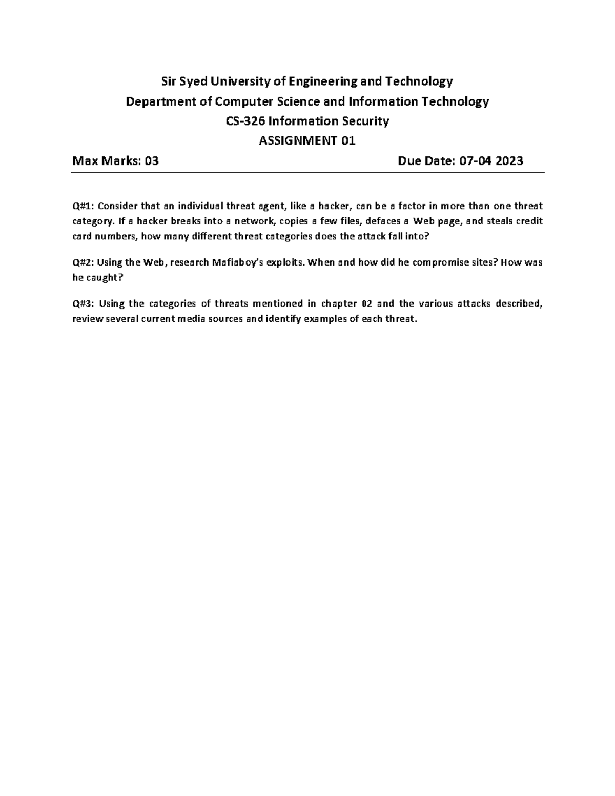 Assignment 1 IS Batch 2020F - Sir Syed University of Engineering and Technology Department of ...