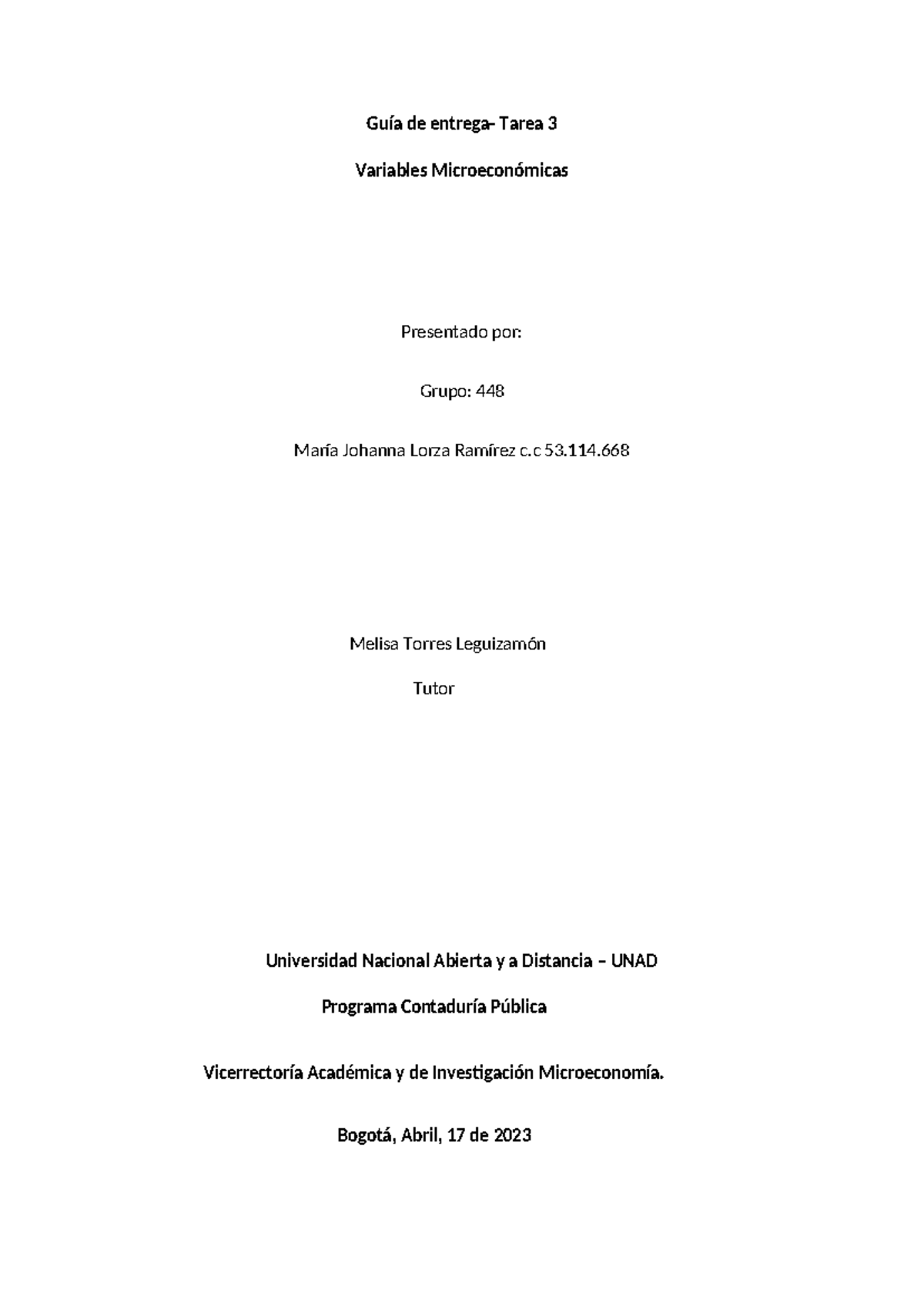 Variables Microeconomicas Tara3 Maria Lorza 448 - Guía de entrega ...