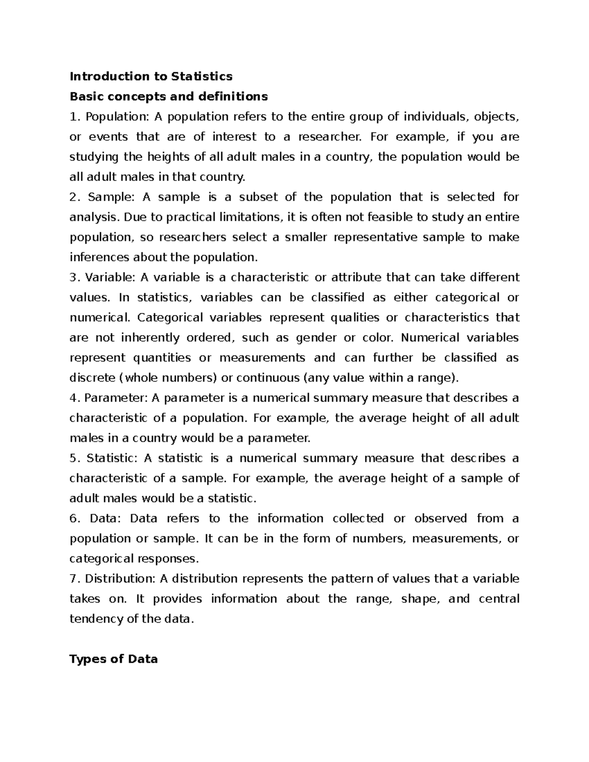 Introduction to Statistics - Introduction to Statistics Basic concepts ...