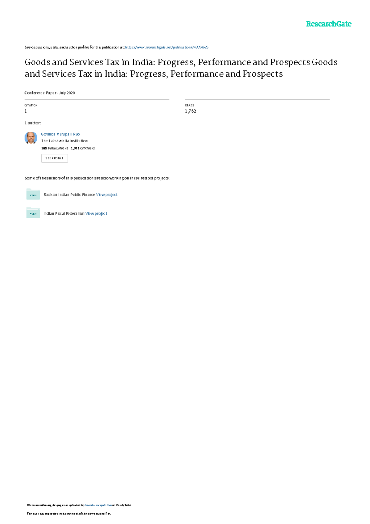 M Govinda Rao - Goods and Services Tax in India: Progress, Performance ...