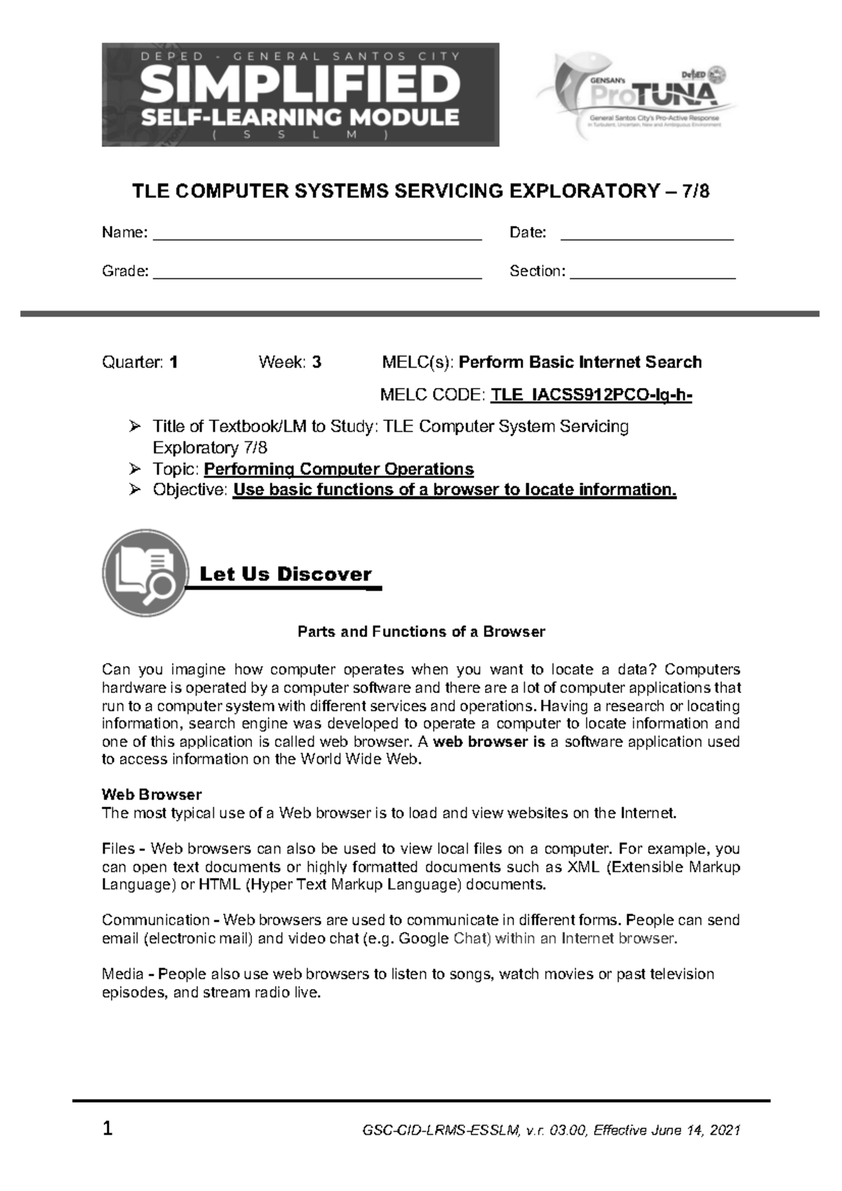 CSS-7 8-SSLMs-3 - CSS-7 8-SSLMs-3 - TLE COMPUTER SYSTEMS SERVICING EXPLORATORY – 7/ Name: - Studocu