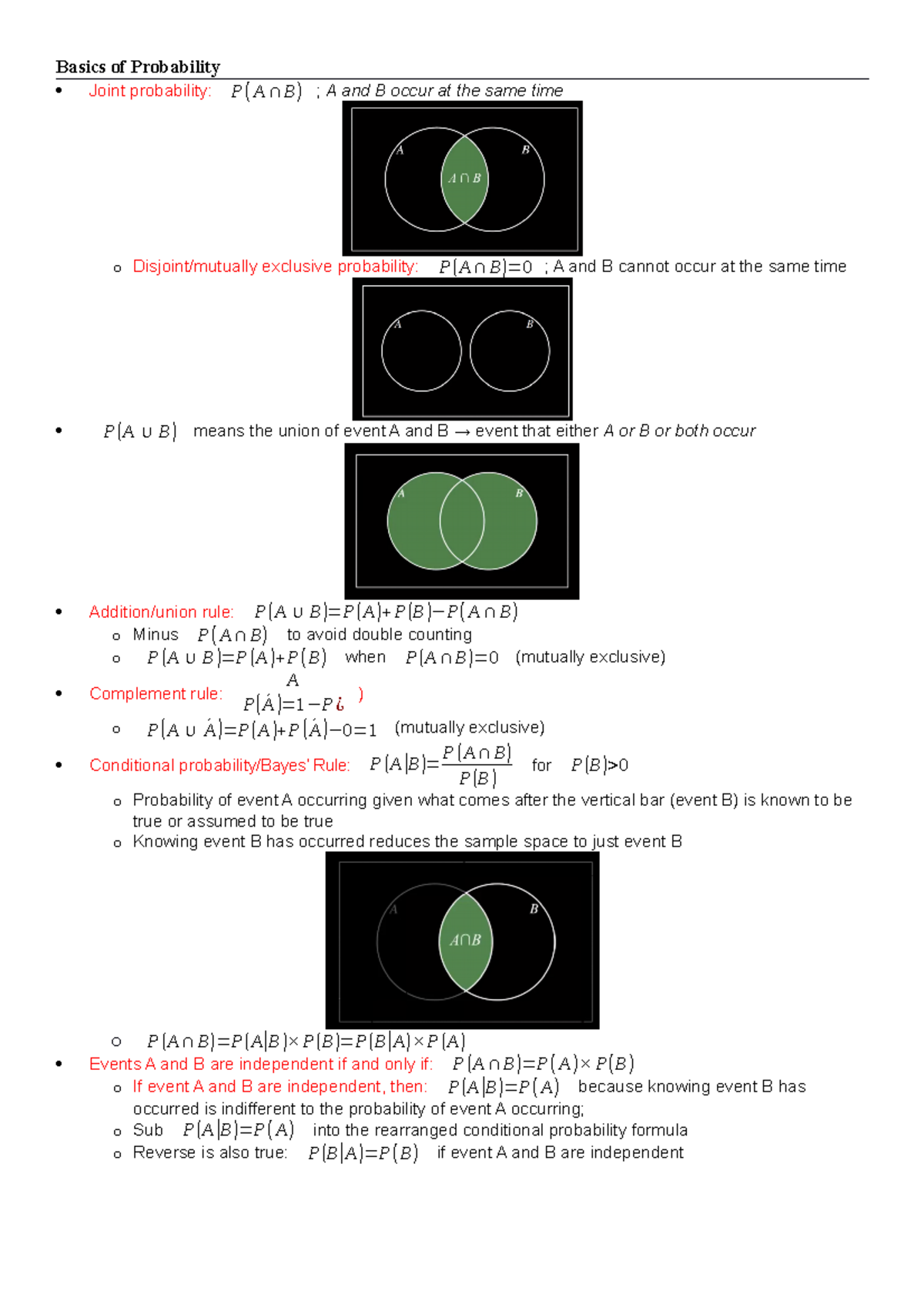 Introductory Statistics - Basics of Probability Joint probability: P(A∩ ...