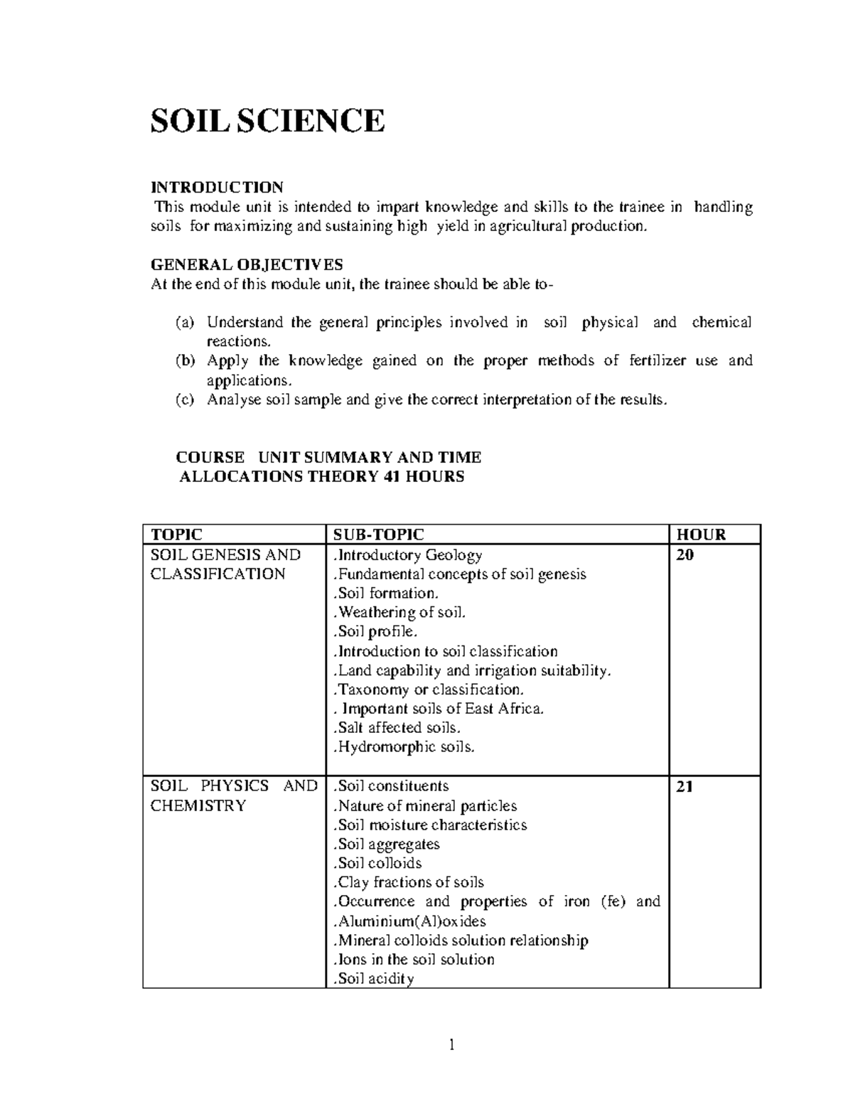 SOIL Science Module ONE - SOIL SCIENCE INTRODUCTION This module unit is intended to impart ...
