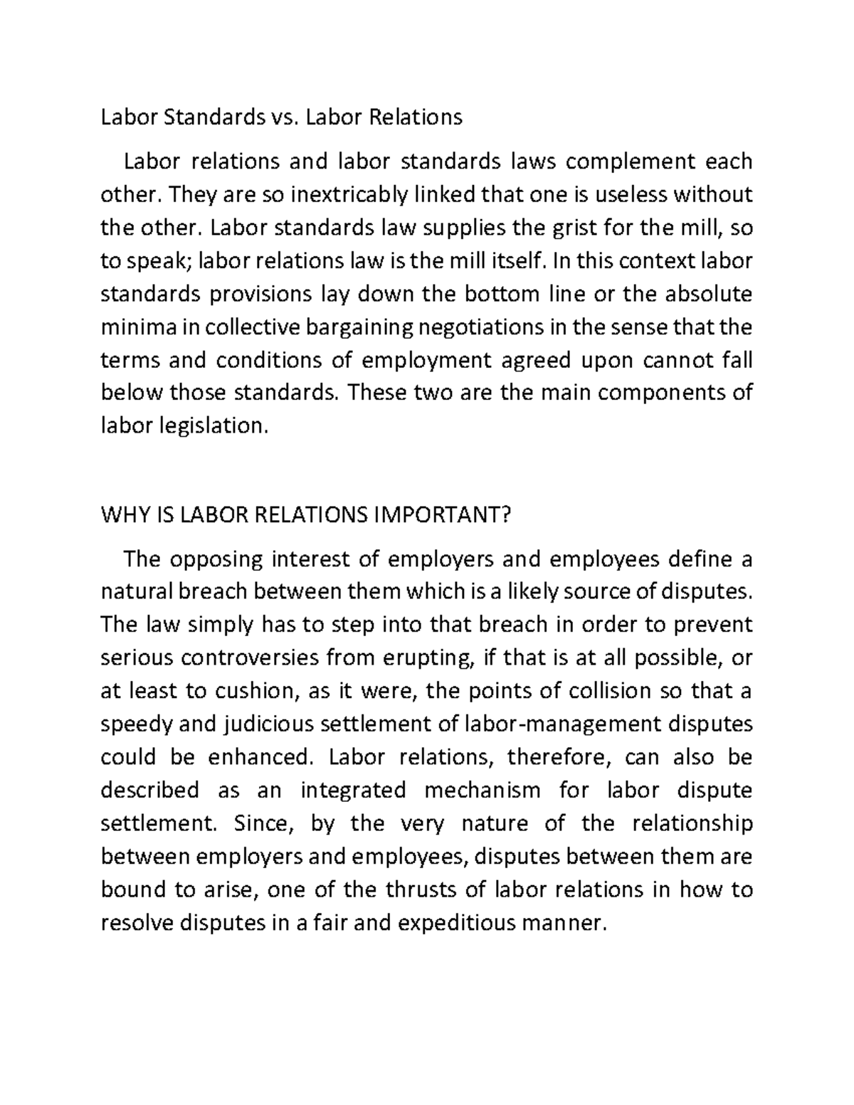 Labor Relation Lecture Notes - Labor Standards vs. Labor Relations ...