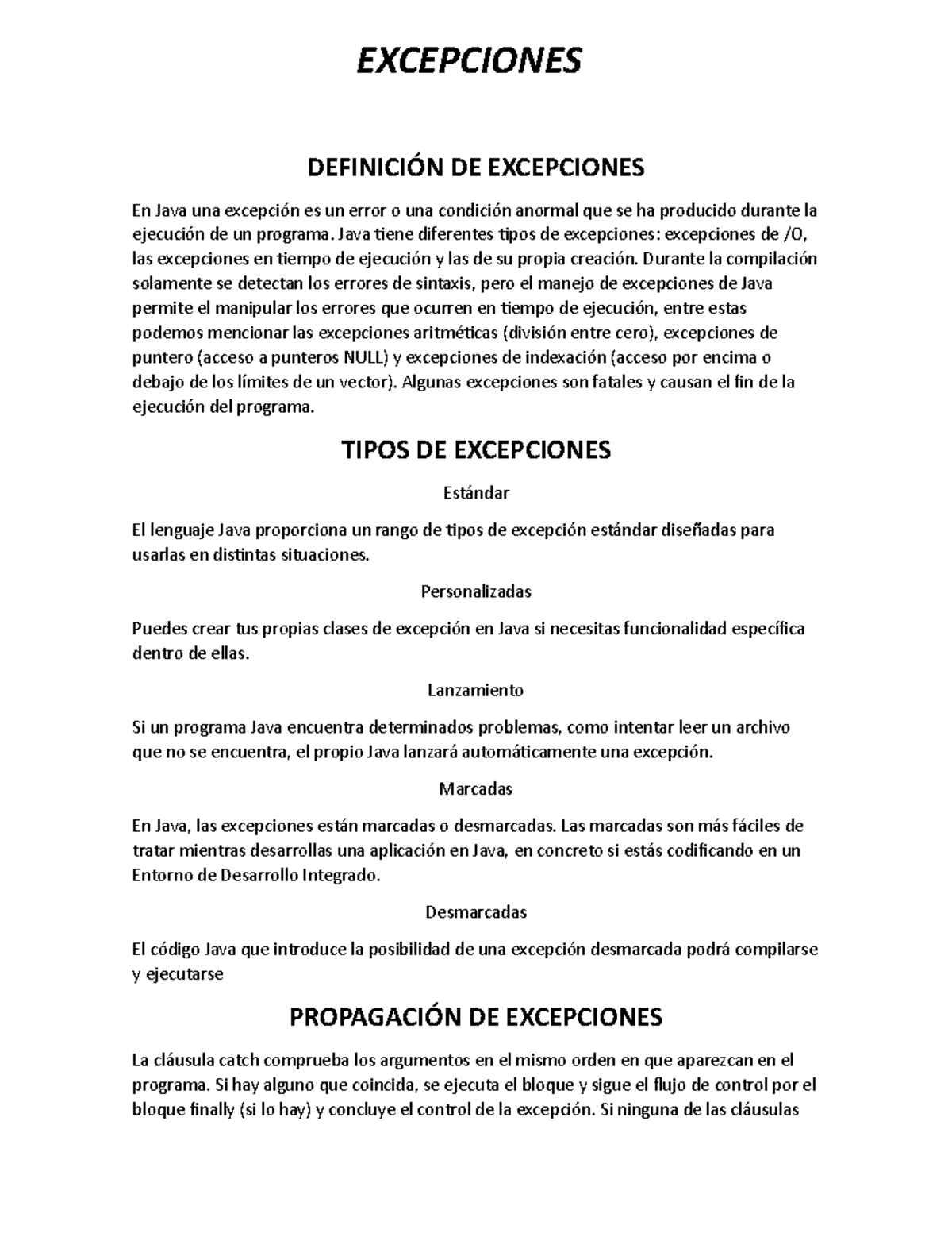 Excepciones - tarea - EXCEPCIONES DEFINICIÓN DE EXCEPCIONES En Java una ...