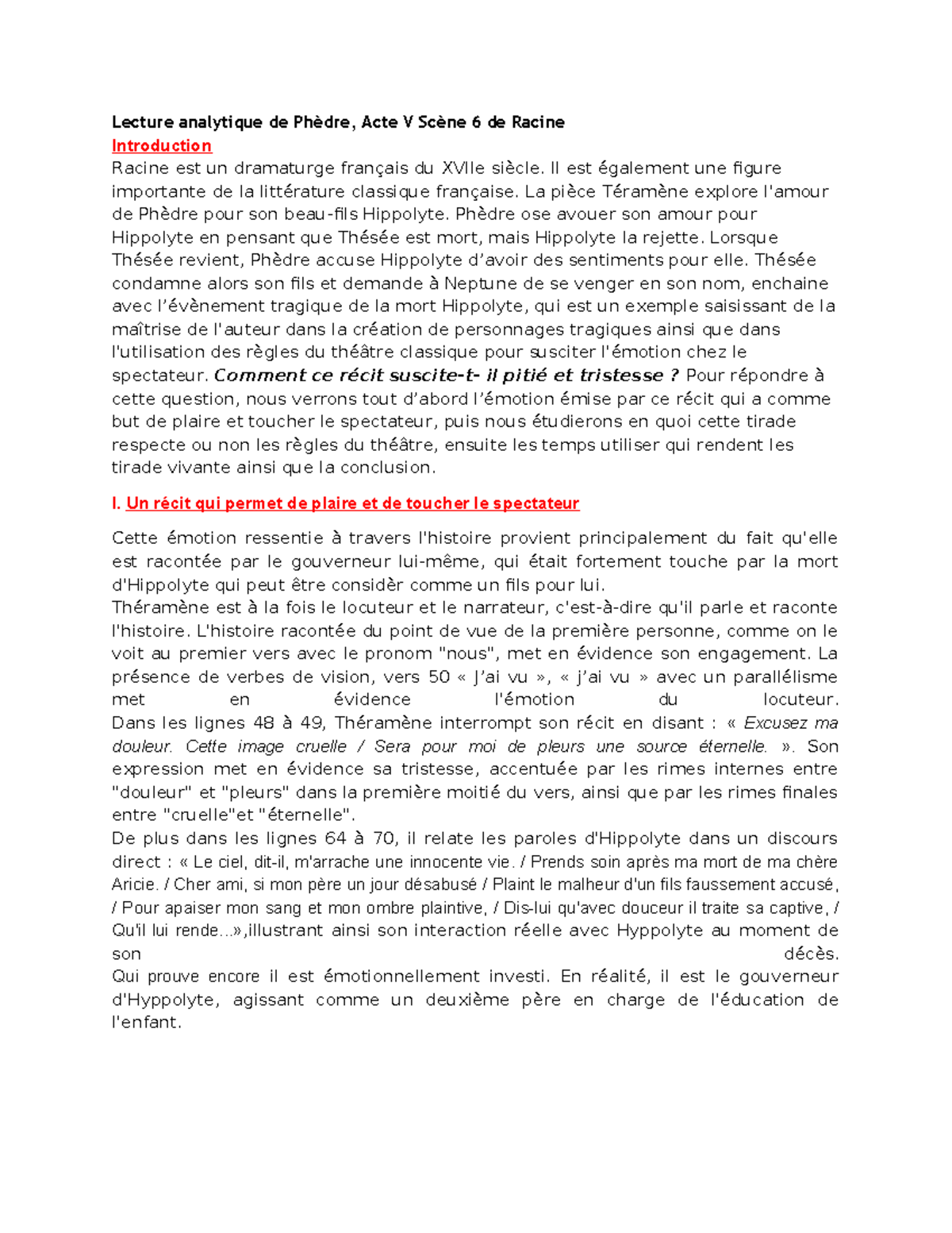 Analyse de la tirade de Téramène dans Phèdre de Jean Racine - Lecture analytique de Phèdre, Acte ...