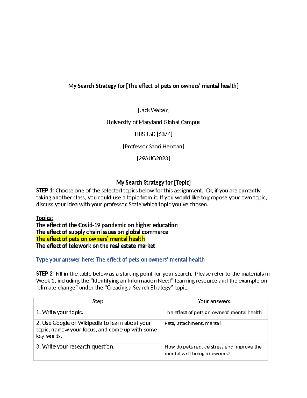 Template for Search Strategy Assignment 2225 (Complete) - My Search ...