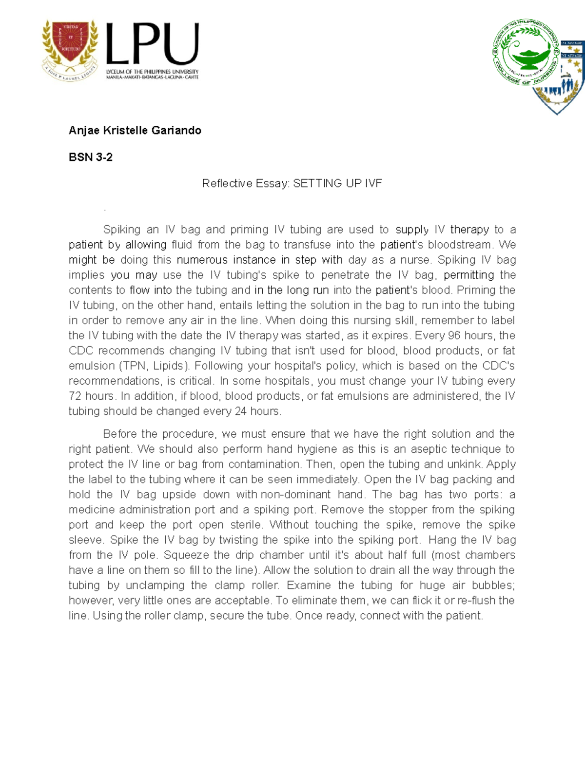 Setting UP IVF Reflective Essay - bs nursing - Studocu