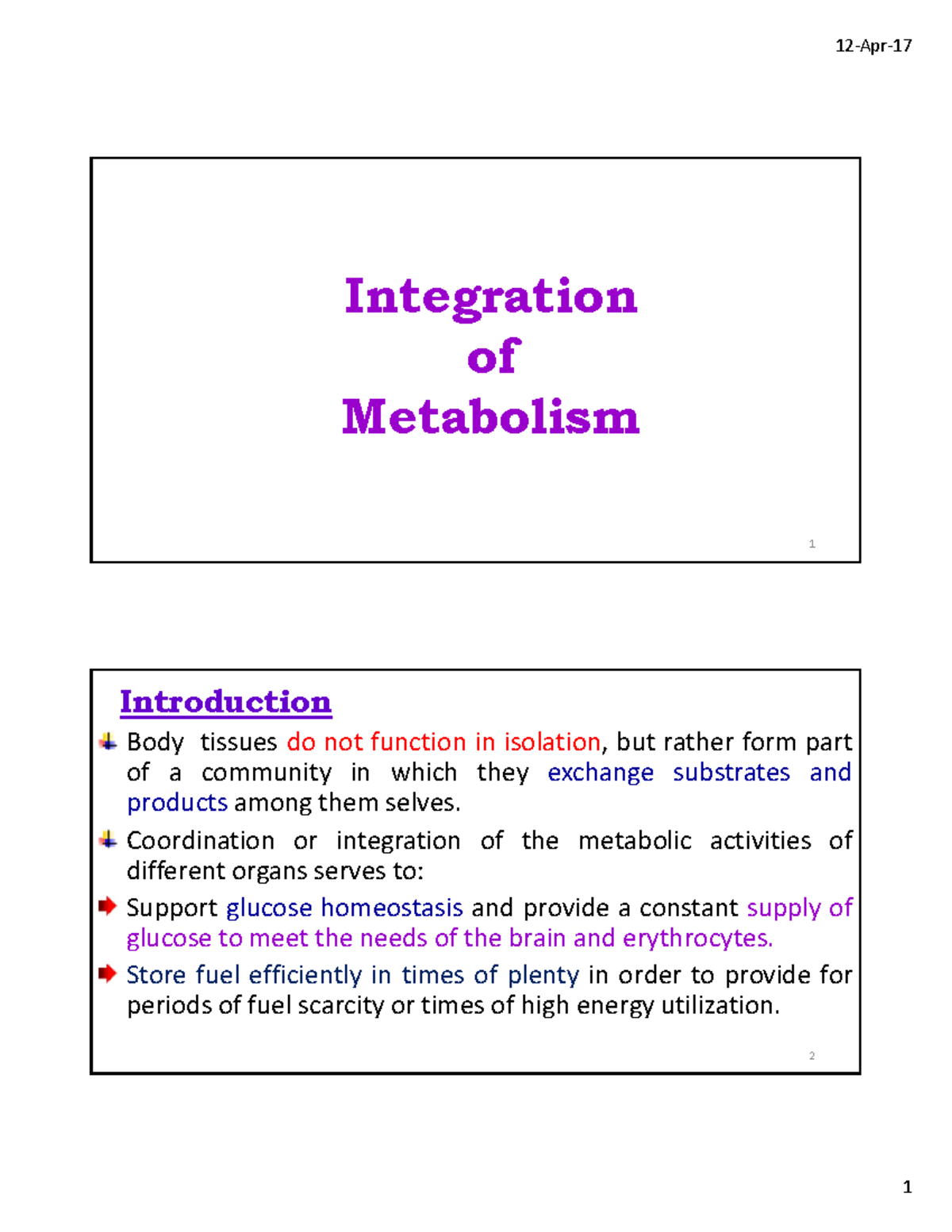 6, Integrated Metabolism - 1 Integration of Metabolism Introduction ...