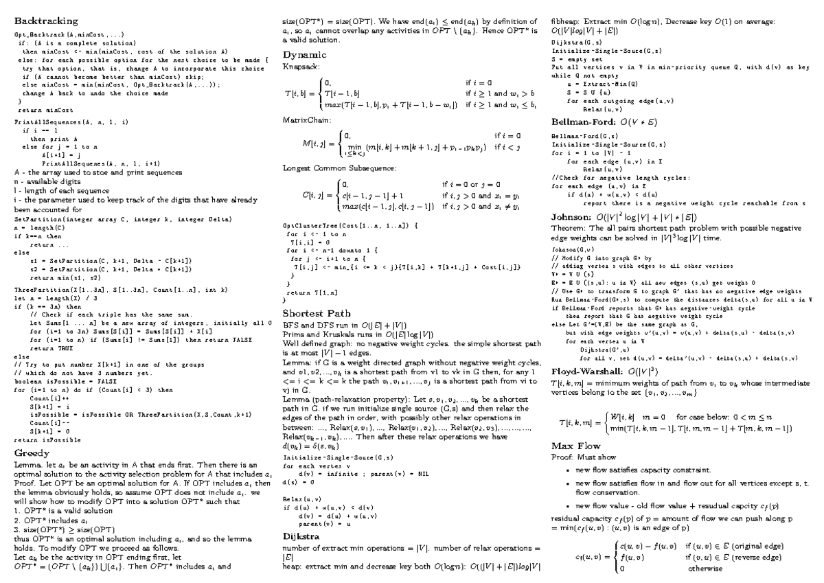 Cheatsheet Algorithms - Backtracking Opt_Backtrack (A , minCost ,...) if : ( A is a complete ...