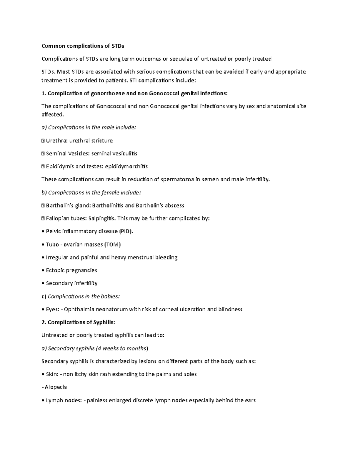Common complications of STDs notes - Common complications of STDs ...