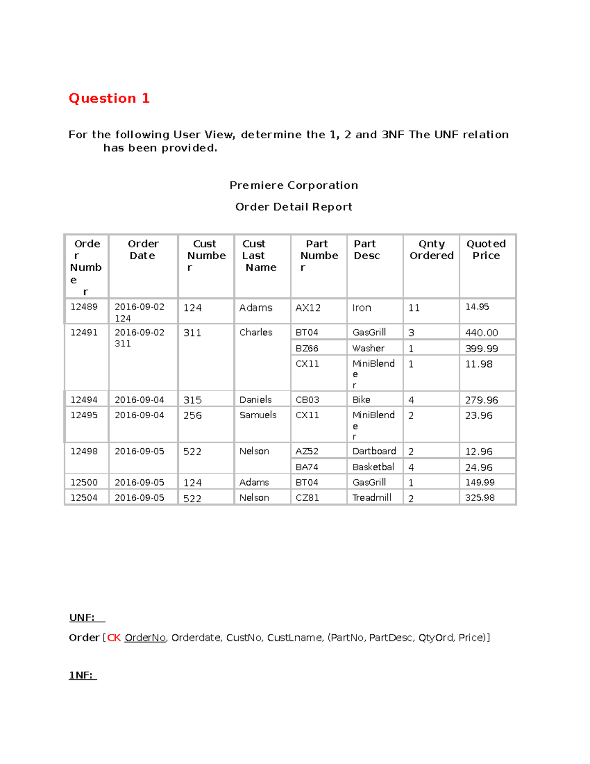 DBS211 Lab09 - Lab 09 - Question 1 For the following User View, determine the 1, 2 and 3NF The ...