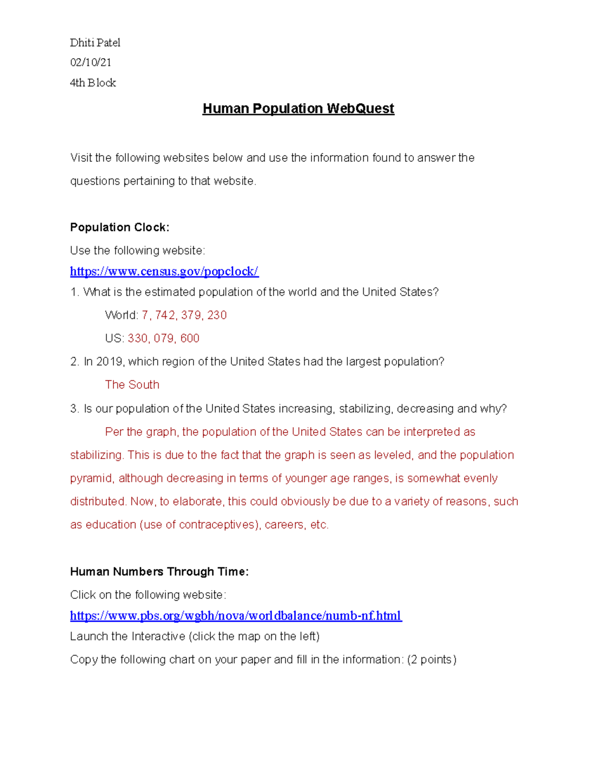 Human Population Web Quest - Dhiti Patel 02/10/ 4th Block Human ...