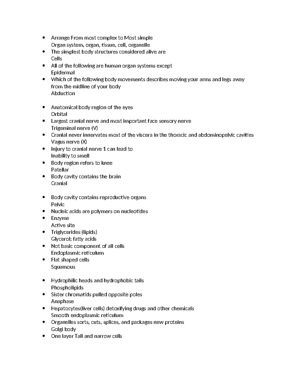 Study Guide Anatomy - Cheat sheet - Arrange From most complex to Most ...