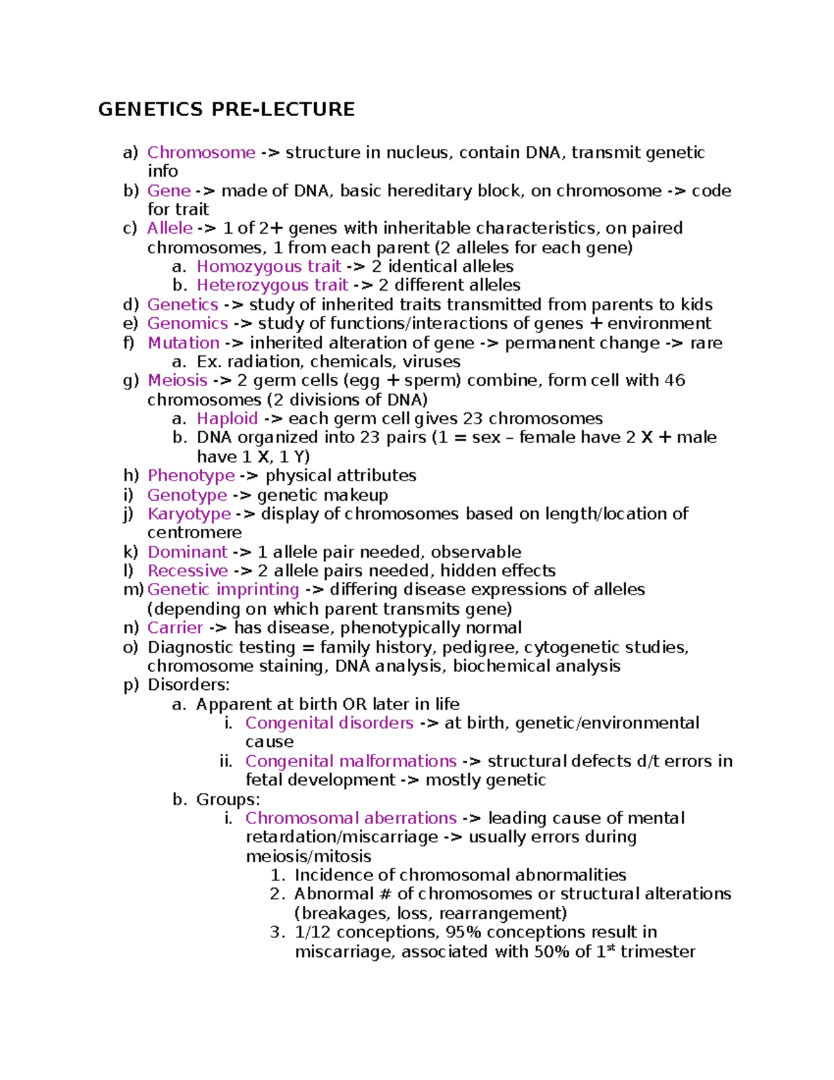 Genetics - Genetic lecture notes - GENETICS PRE-LECTURE a) Chromosome ...
