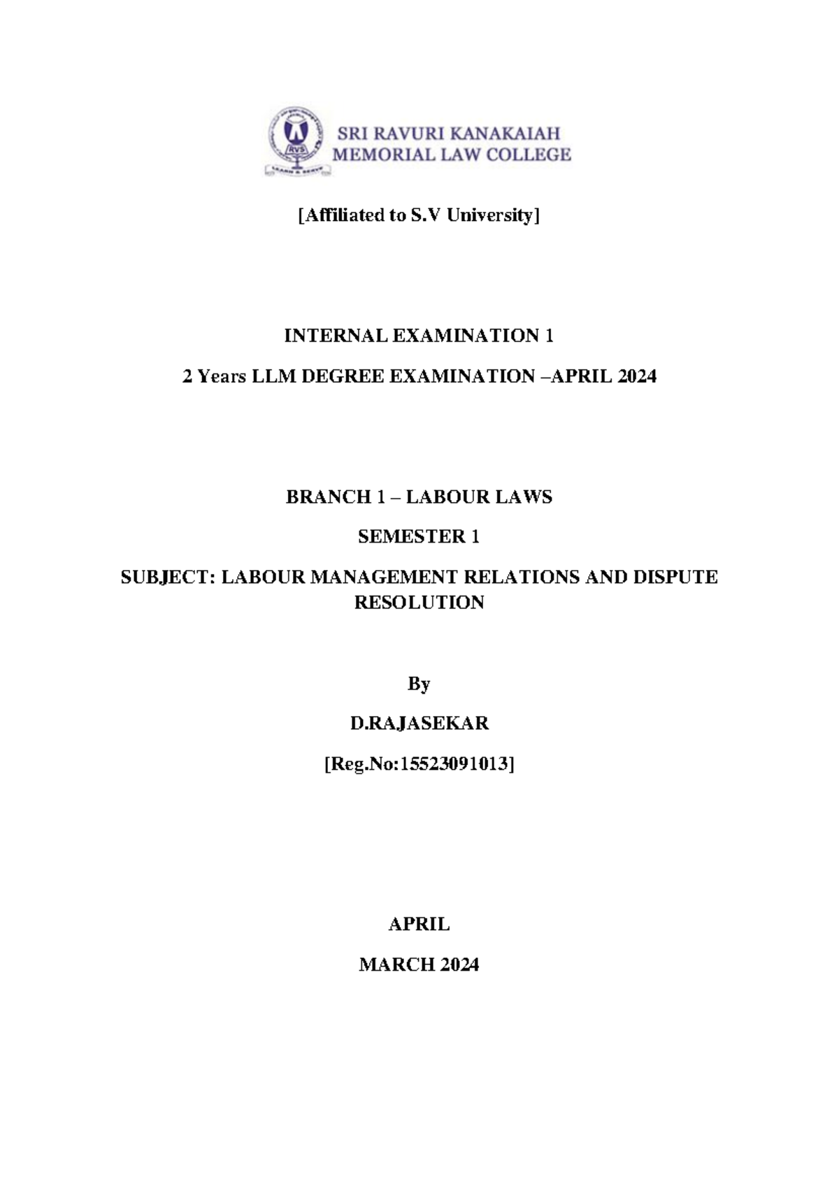 LLM Assignment format - INTERNAL EXAMINATION 1 2 Years LLM DEGREE EXAMINATION – APRIL 2024 ...