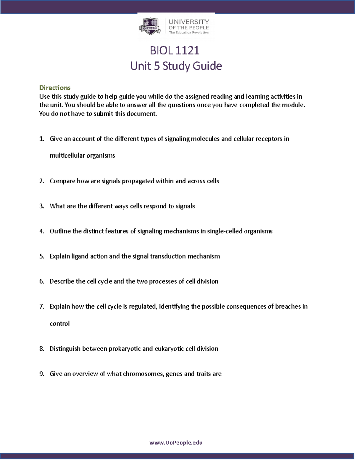 BIOL1121 Unit 5 Study Guide - BIOL 1121 Unit 5 Study Guide Directions ...