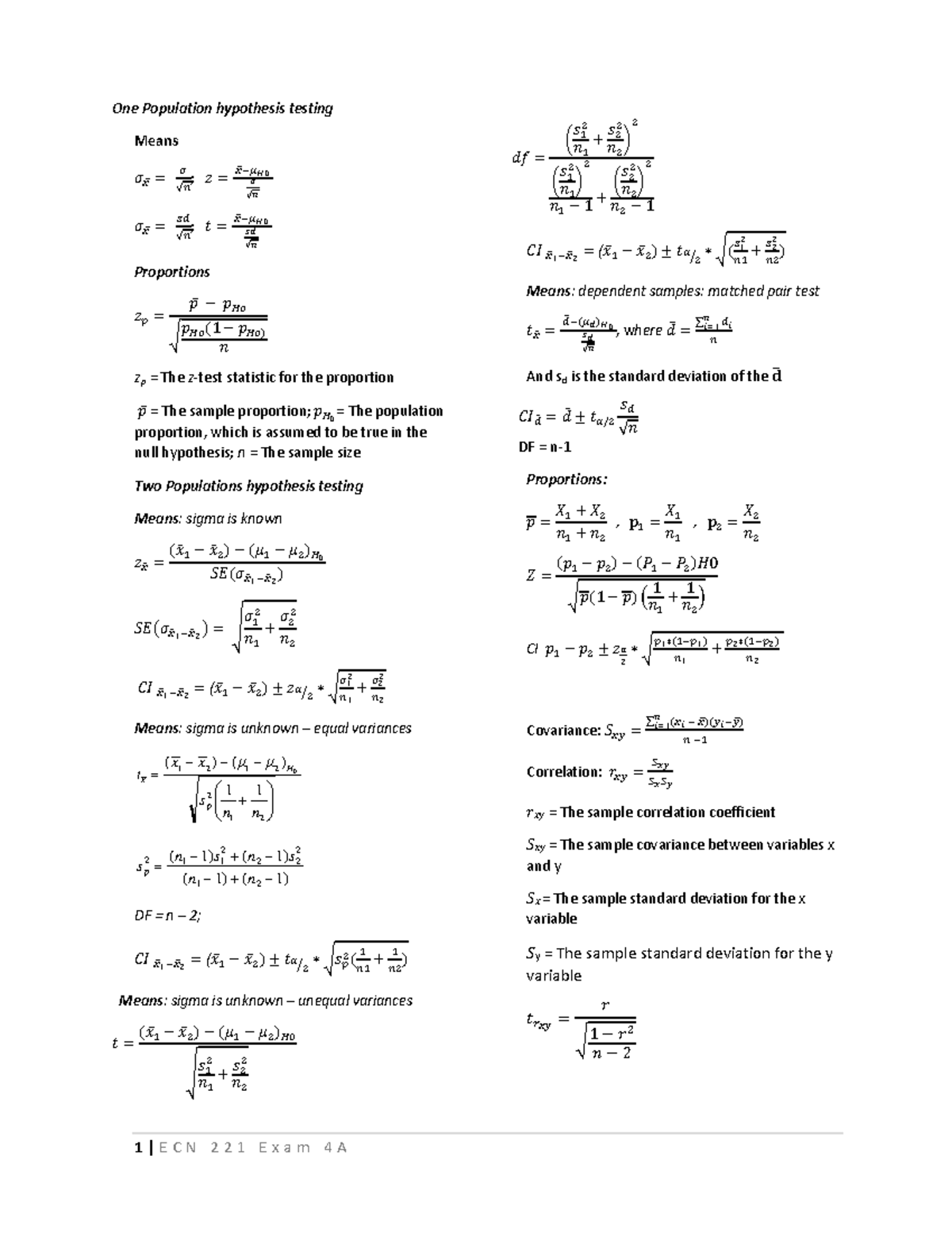 Formulas Exam 4 - acc - 1 | E C N 2 2 1 E x a m 4 A One Population ...