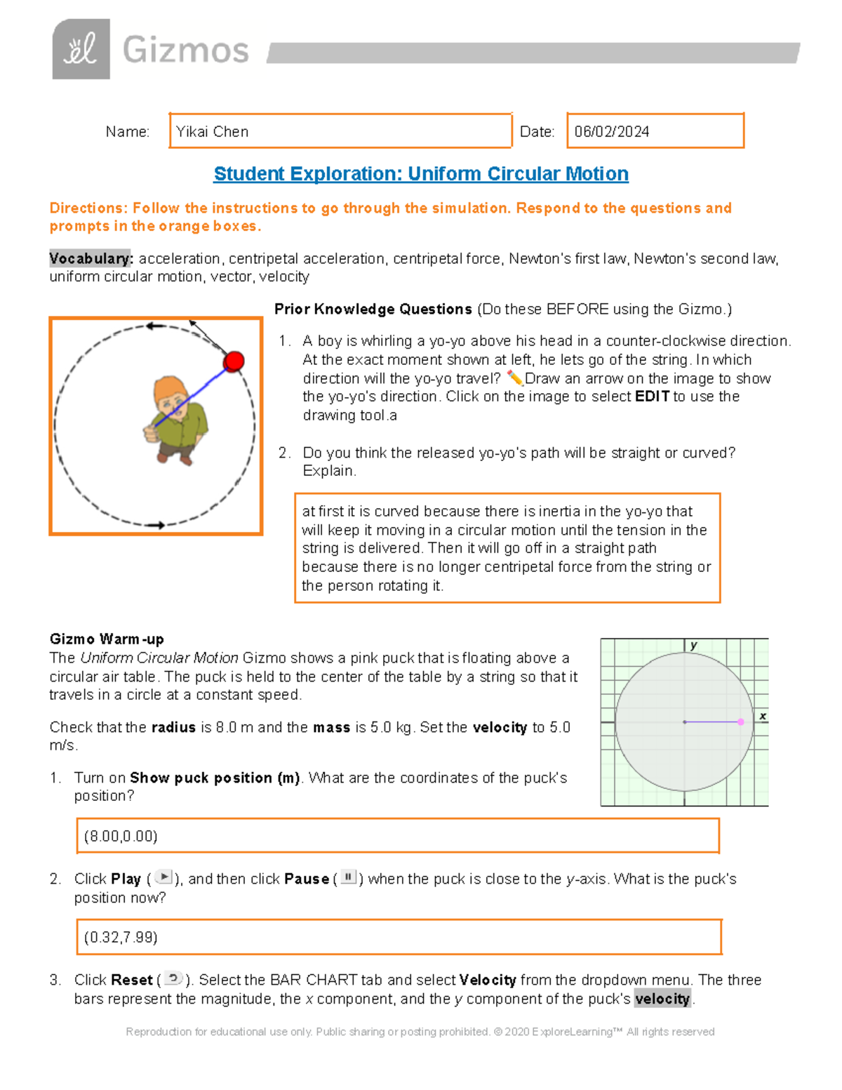 Gizmos Lab Uniform Circular Motion - Name: Yikai Chen Date: 06/02 ...