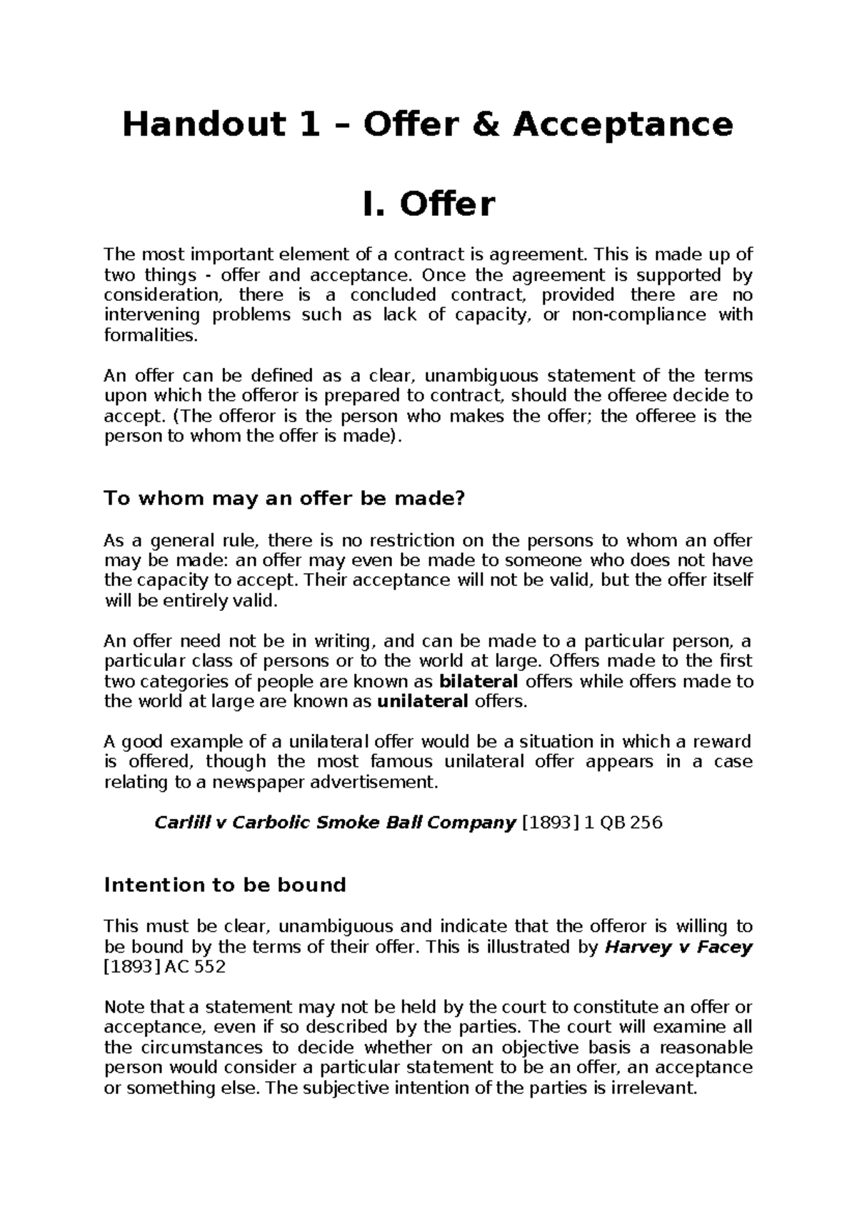 Offer & Acceptance Handout 21 - Handout 1 – Offer & Acceptance I. Offer ...