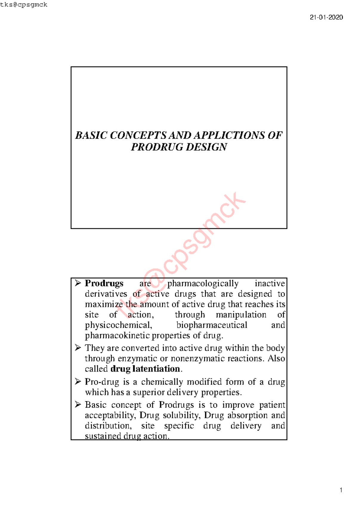 1. PRO DRUG Design TKS 2 Slide - 21-01- BASIC CONCEPTS AND APPLICTIONS ...