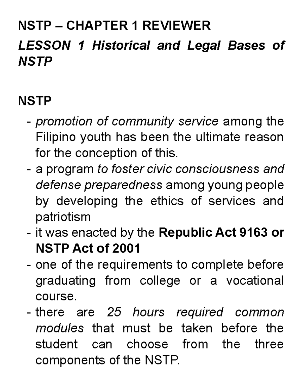 NSTP1- Reviewer SMP - NSTP – CHAPTER 1 REVIEWER LESSON 1 Historical and ...