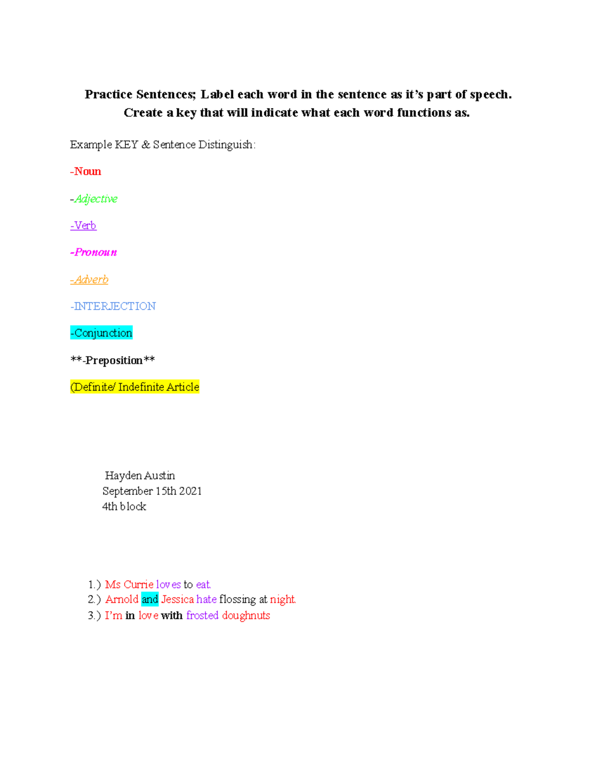 Copy of Practie Sentences - Practice Sentences; Label each word in the ...